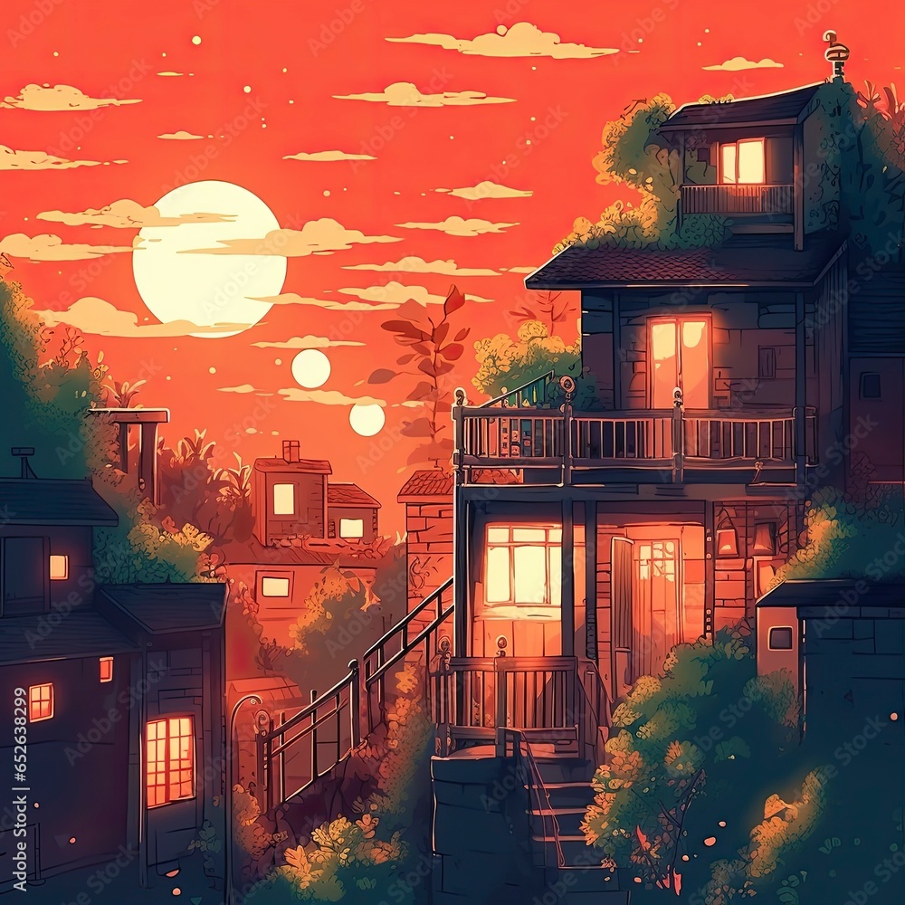 An illustration of a cityscape with a few buildings during the sunset ...