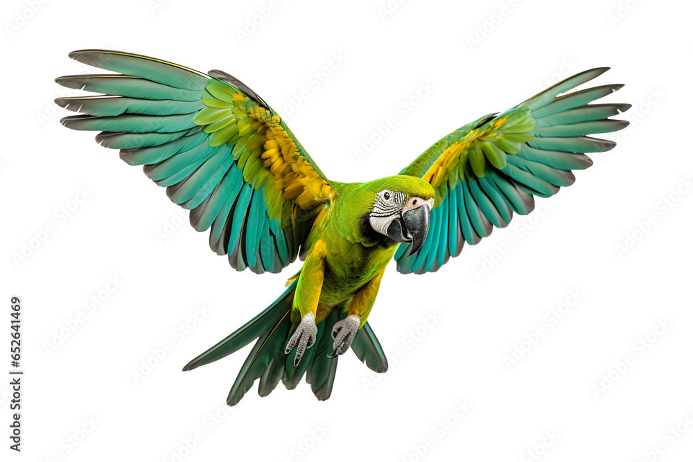a beautiful parrot flying full body on a white background studio shot ...