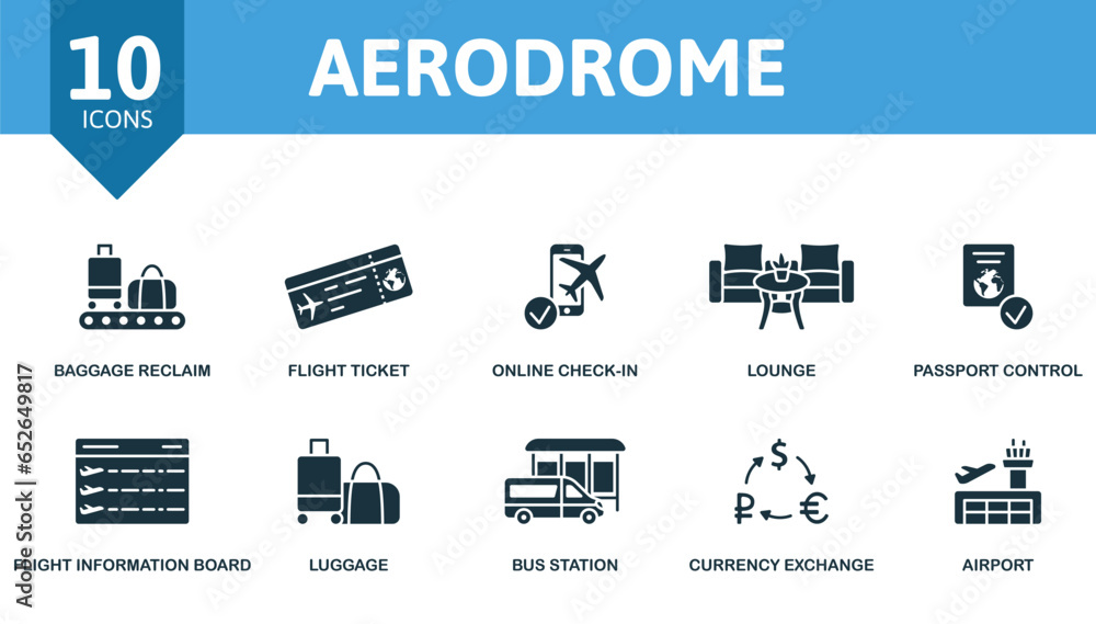 Aerodrome set. Creative icons: baggage reclaim, flight ticket, online ...