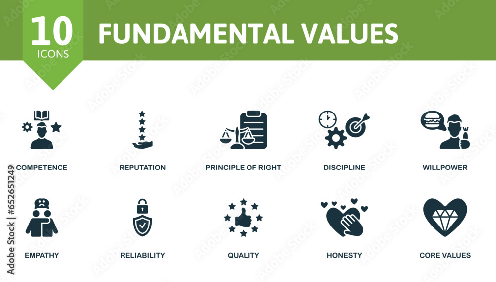 Fundamental values set. Creative icons: competence, reputation, principle of right, discipline ...