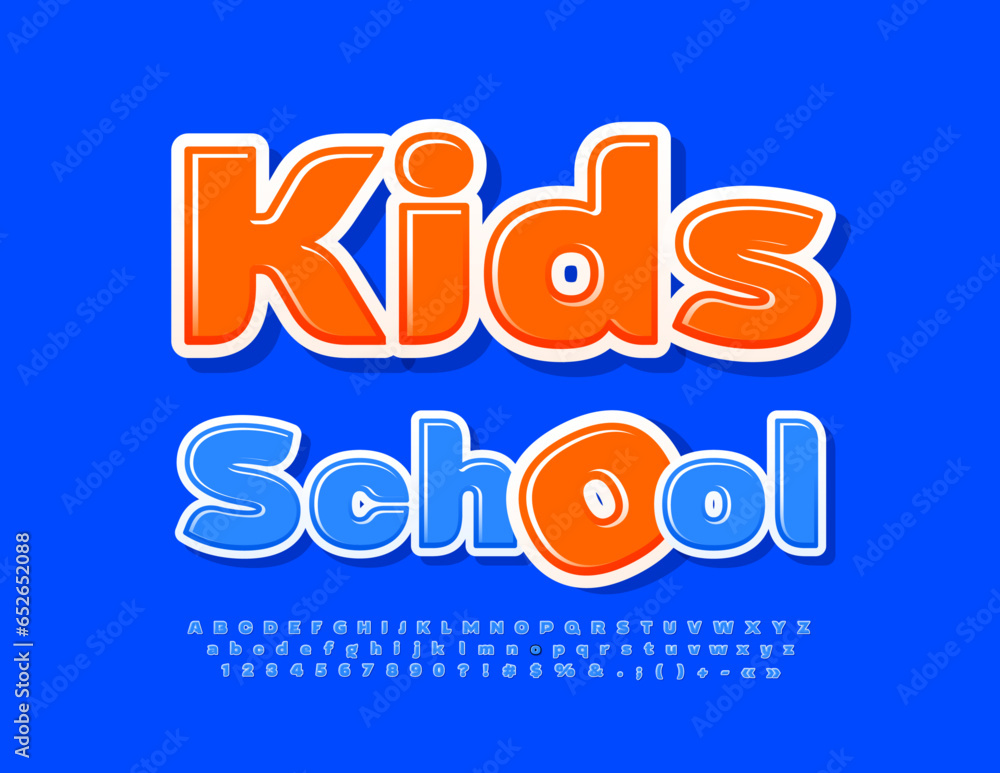 Vecteur Stock Vector playful emblem Kids School. Blue glossy Font. Modern Alphabet Letters ...