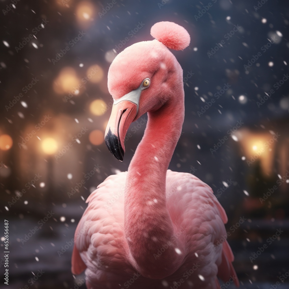 ภาพประกอบสต็อก On a crisp, wintery day, a vibrant pink flamingo stands ...