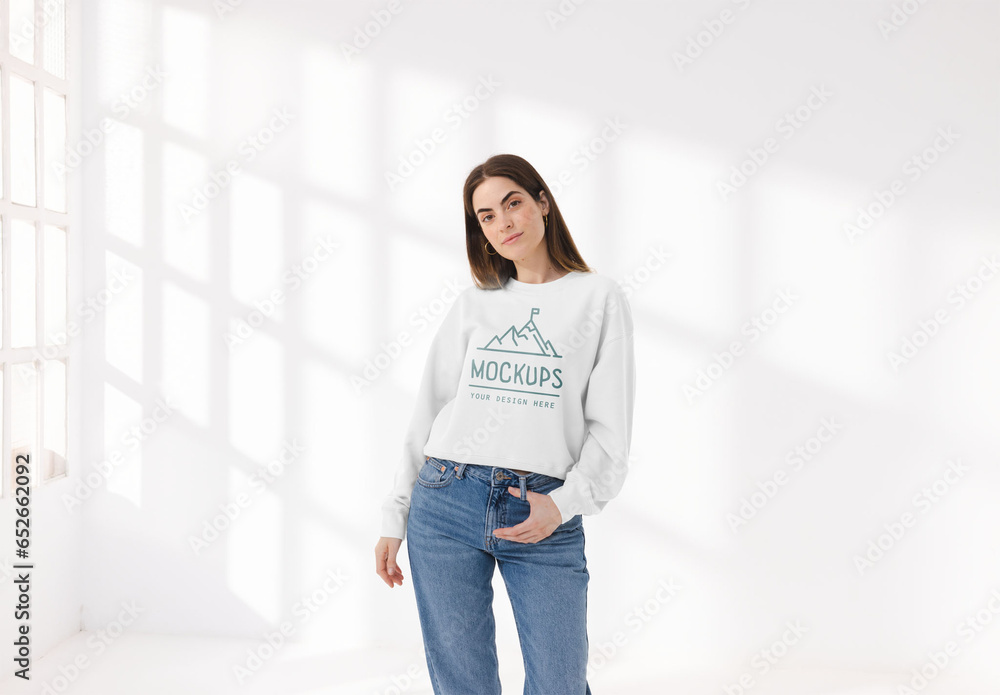 Mockup of woman wearing customizable color sweatshirt Stock Template ...