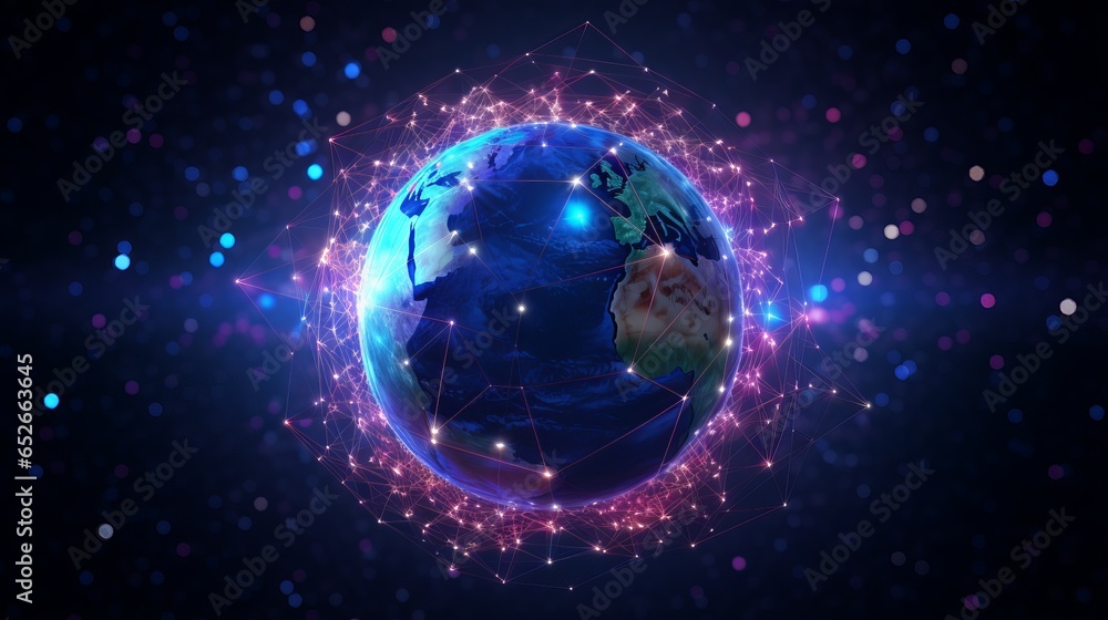 technological progress: globe with neon nexus lines, grid, and nodes ...