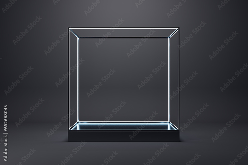 Creative empty glass showcase on dark black background. Products ...