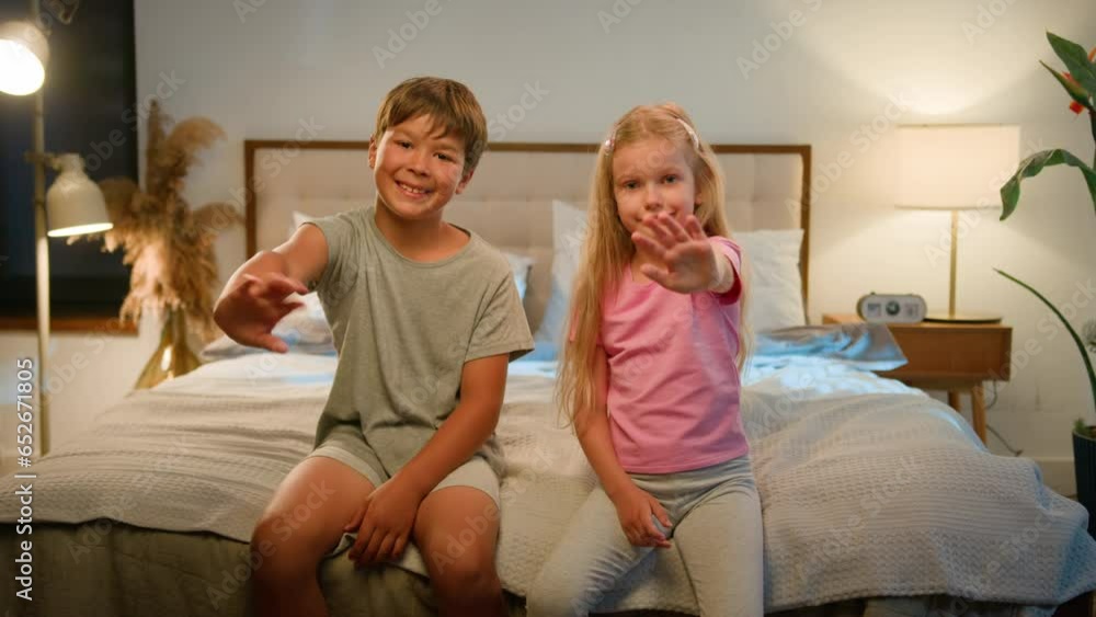 Two little lovely friendly caucasian children child kids boy girl ...