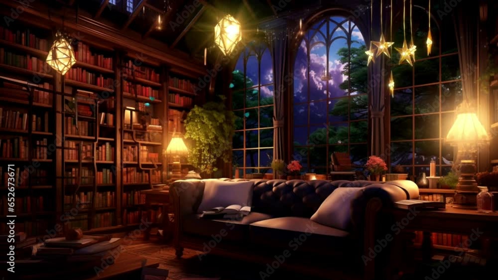 ancient library at night, seamless looping video background animation ...