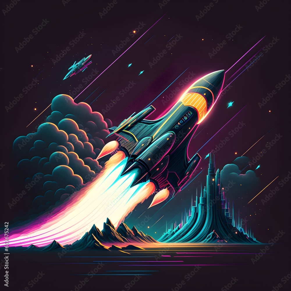 cyber rocket ship blasting off neon cyber cyber punk hyper realistic ...