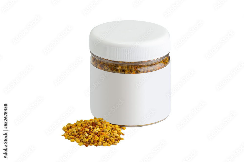 Plastic jar with bee pollen isolated on white. Near the jar there is a ...