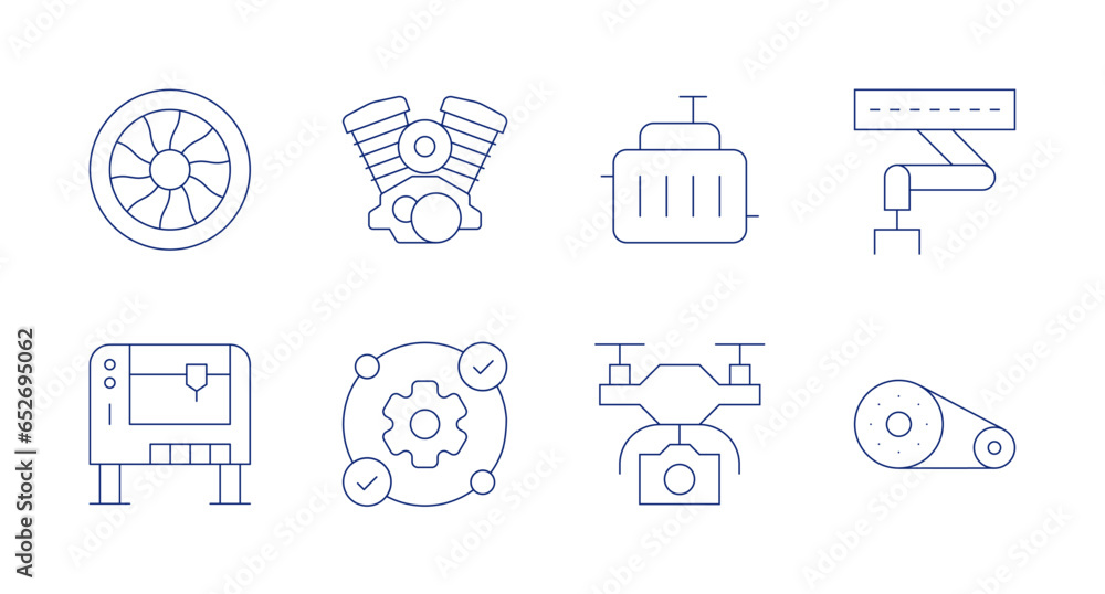 Engineering icons. Editable stroke. Containing car radiator, crane ...