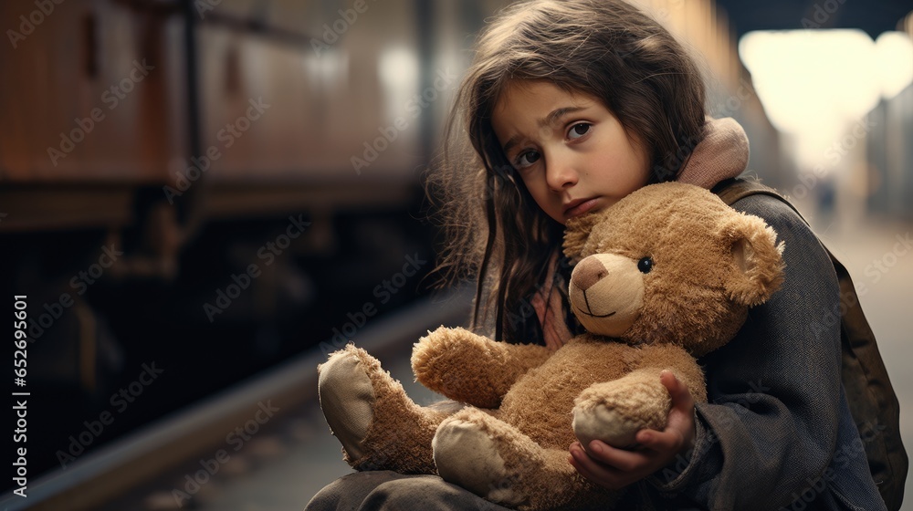 Isolated sad refugee girl at railway station with a bear toy waiting ...