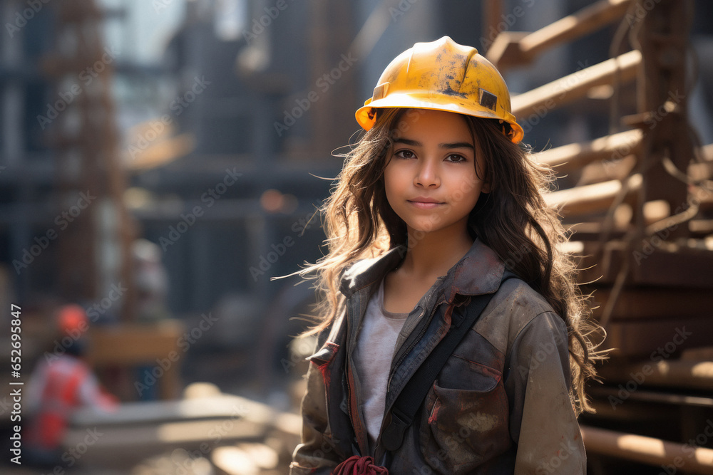 Indian teenager girl in engineer costume and wearing helmet. Stock ...