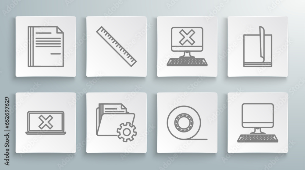Set line Laptop and cross mark on screen, Ruler, Folder settings with gears, Scotch, Computer ...