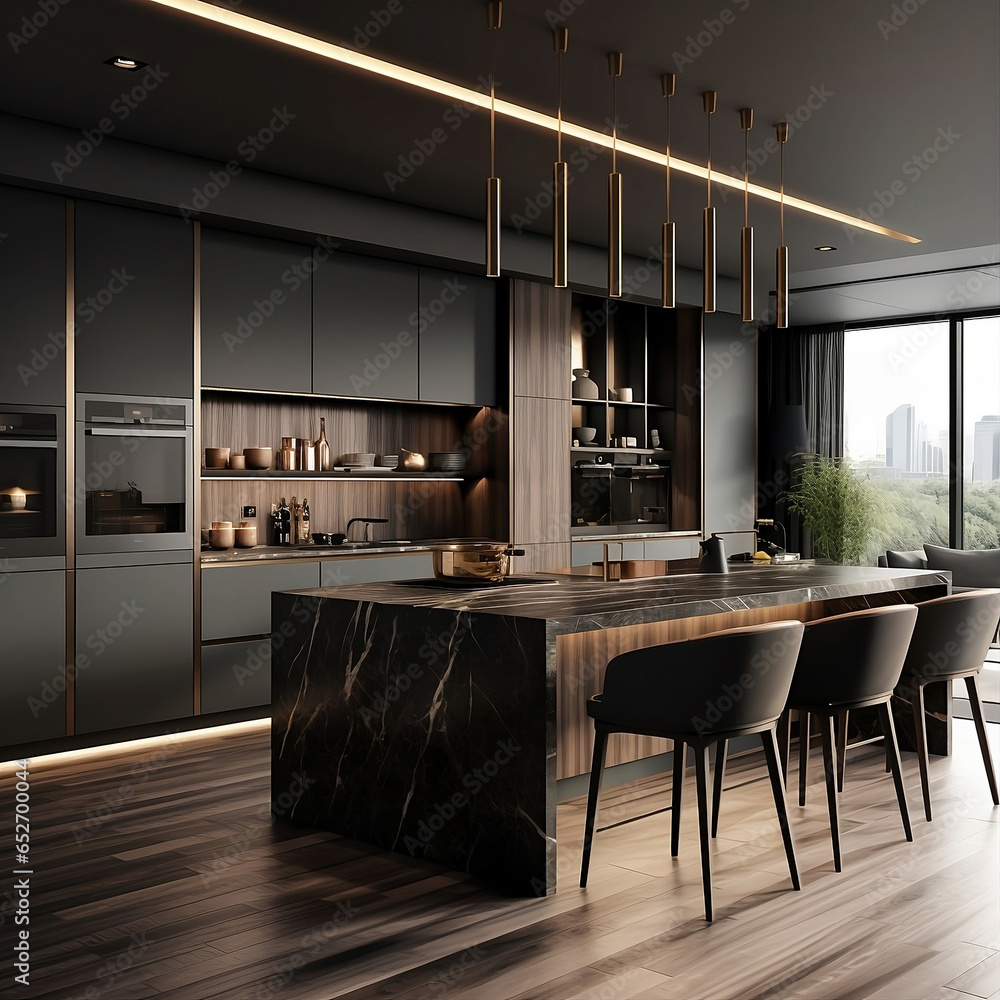 modern kitchen with table island- with black marble theme, with ...