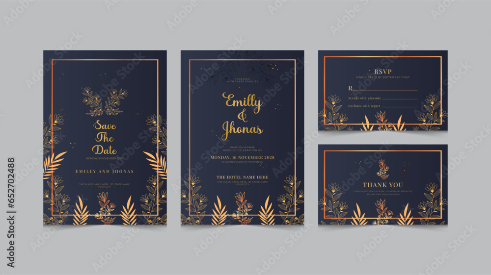Gold wedding invitation template set, gold floral wedding invite suite ...