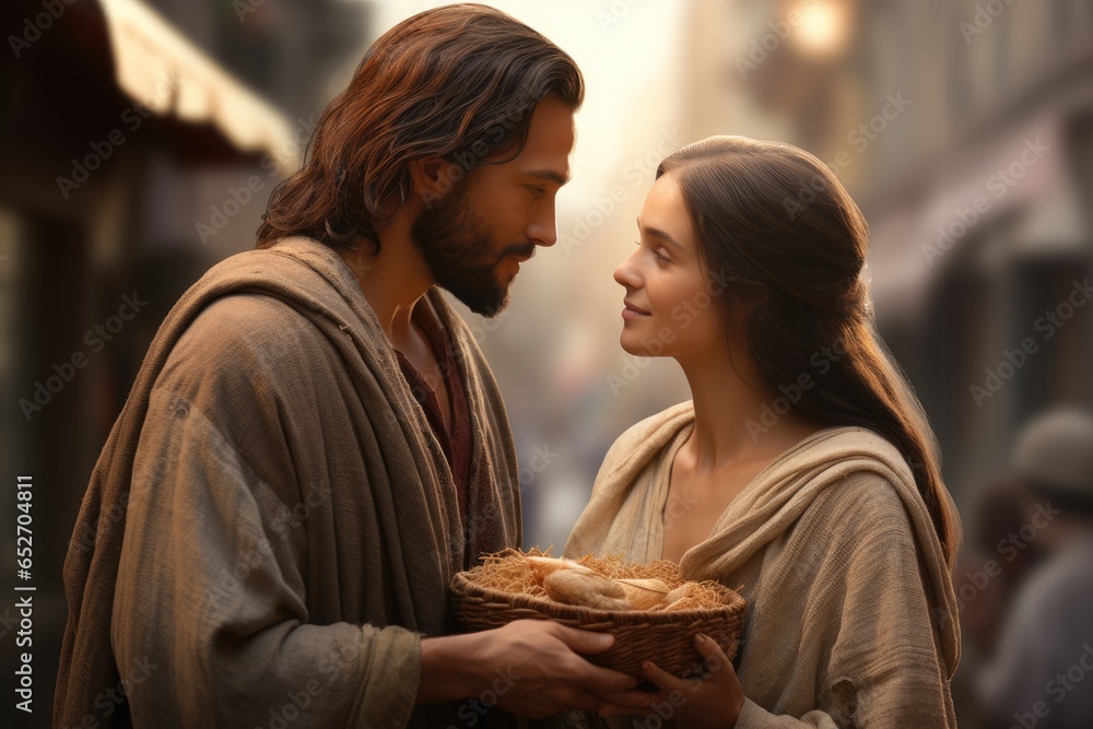 Jesus Christ travels and distributes food to the poor, with his ...