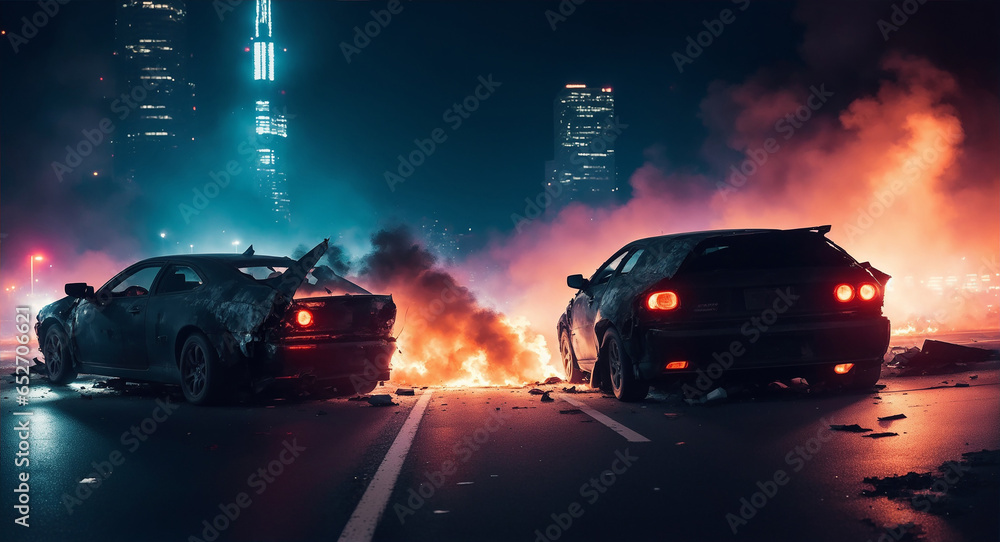 two cars collided on the road at night. Generative AI, Generative, AI ...