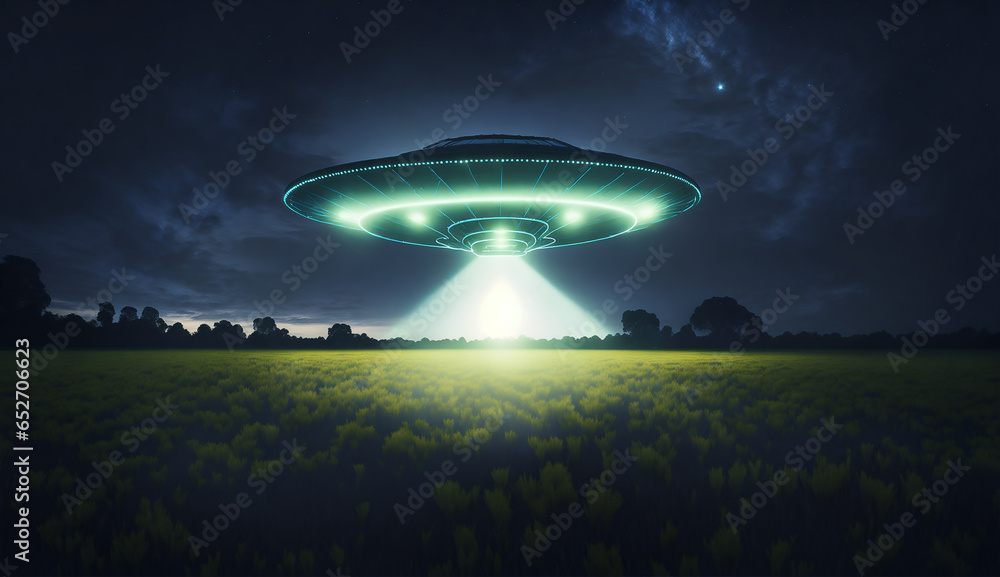 Alien flying saucer over a wheat field at night. UFO Sighting Over the ...