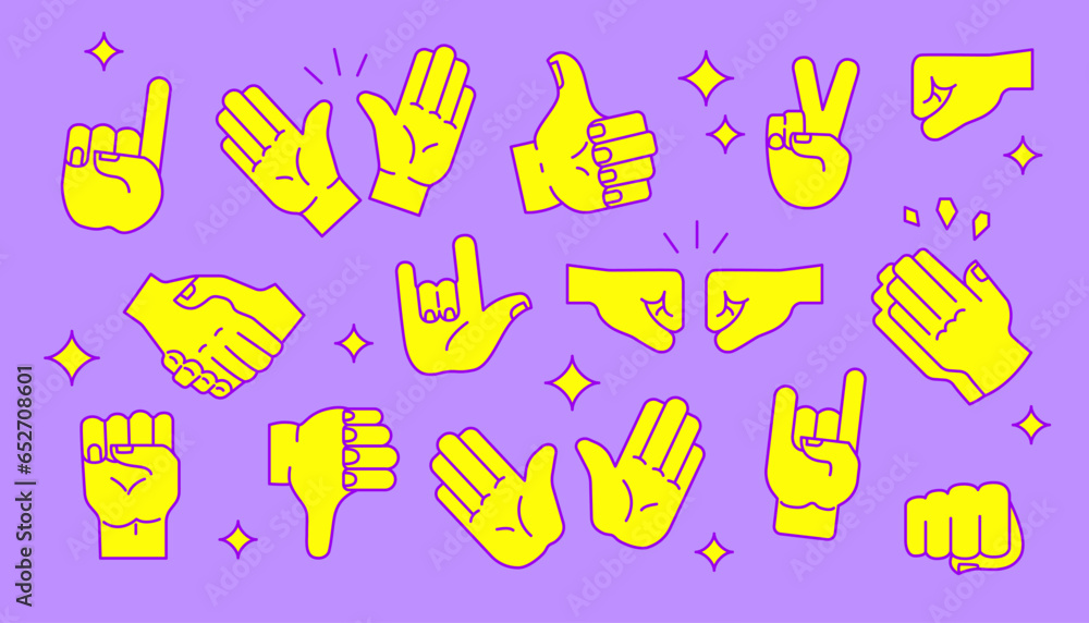 Set of hand emoticon vector with line. Gestures emoji in cartoon style ...