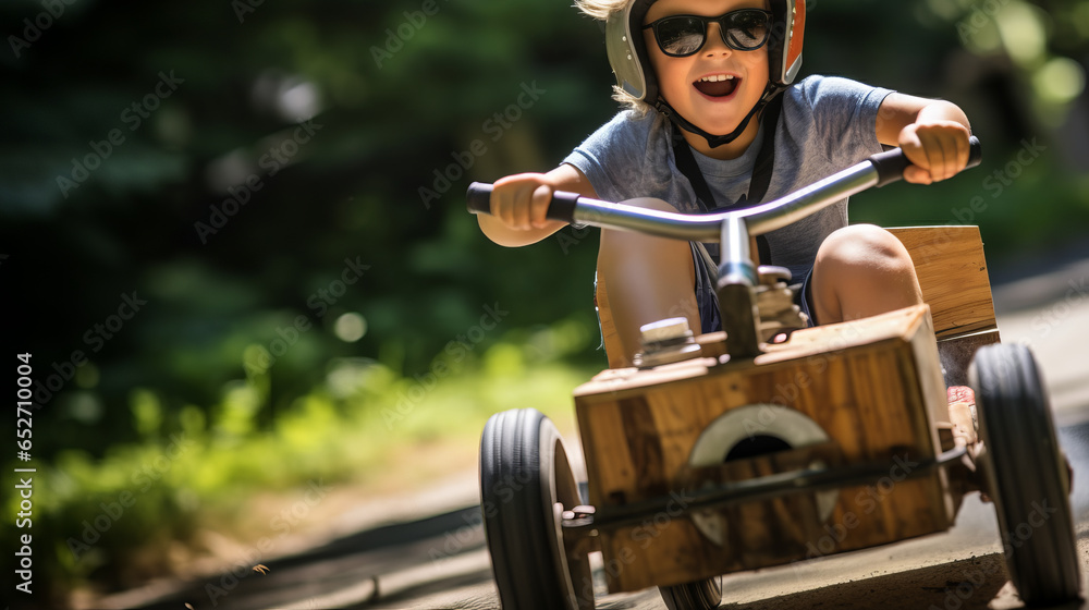 Young boy kid participating in a competitive soapbox derby race. He's ...