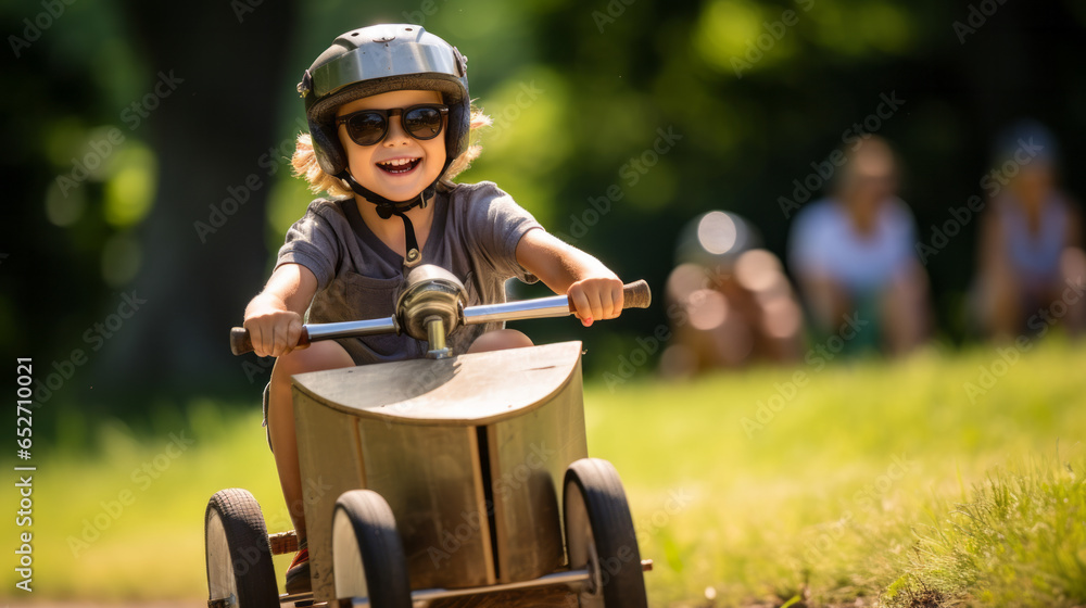 Foto de Young boy kid participating in a competitive soapbox derby race ...