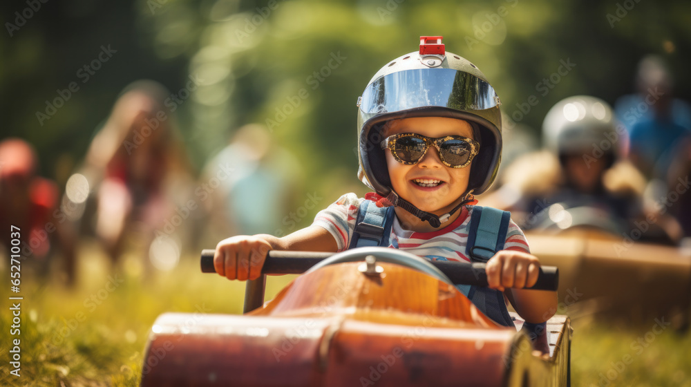 Young boy kid participating in a competitive soapbox derby race. He's ...