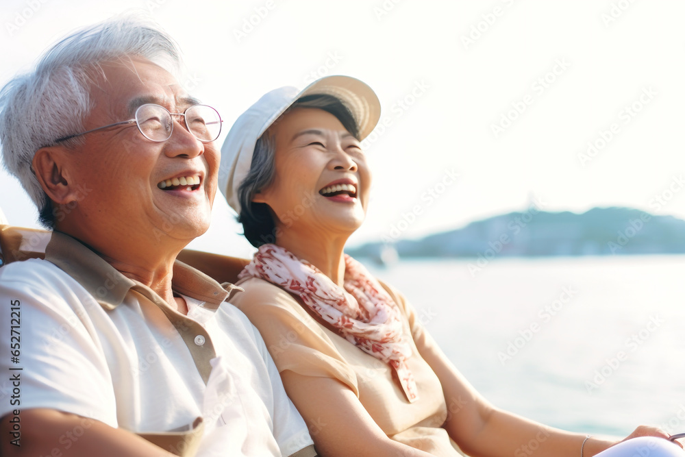 An elderly couple is sitting on a boat or yacht in the ocean. They look ...