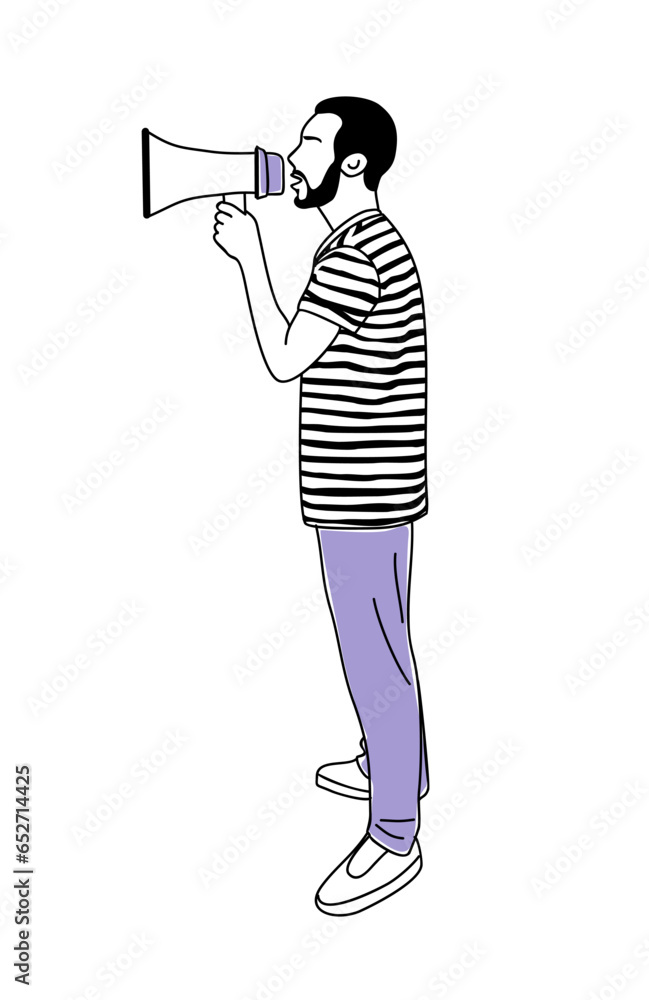 Man shouting by megaphone, loudspeaker, making announcement ...