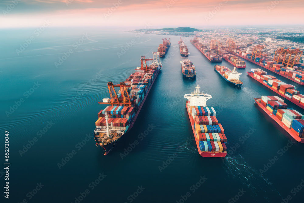 industrial port with container cranes, bustling trade, and global ...