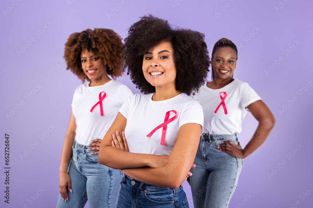 Group Of Black Ladies With Breast Cancer Ribbons In Studio Stock Photo ...