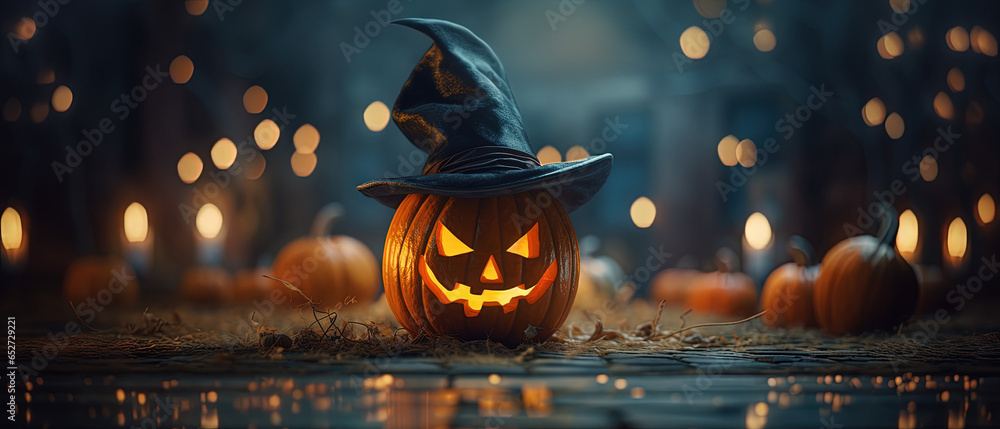 Halloween jack-o-lantern pumpkin with glowing eyes in witch hat in the ...