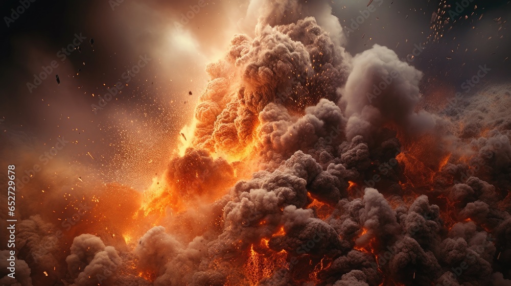 Eruption. Nuclear bomb explosion. Mushroom cloud. Big explosion with ...