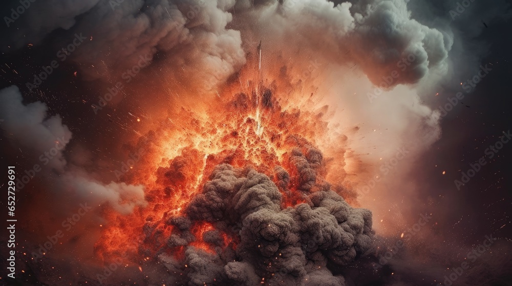 Eruption. Nuclear bomb explosion. Mushroom cloud. Big explosion with ...