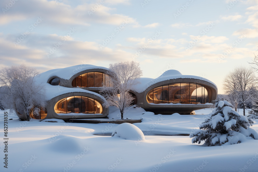 Snow-Covered Landscape with Contemporary Futuristic Pod Building ...