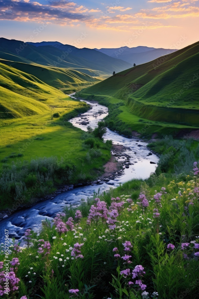 A bubbling stream winds its way through a lush valley surrounded by ...