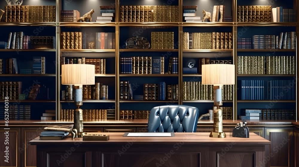Luxurious virtual office background with wooden shelves Stock ...