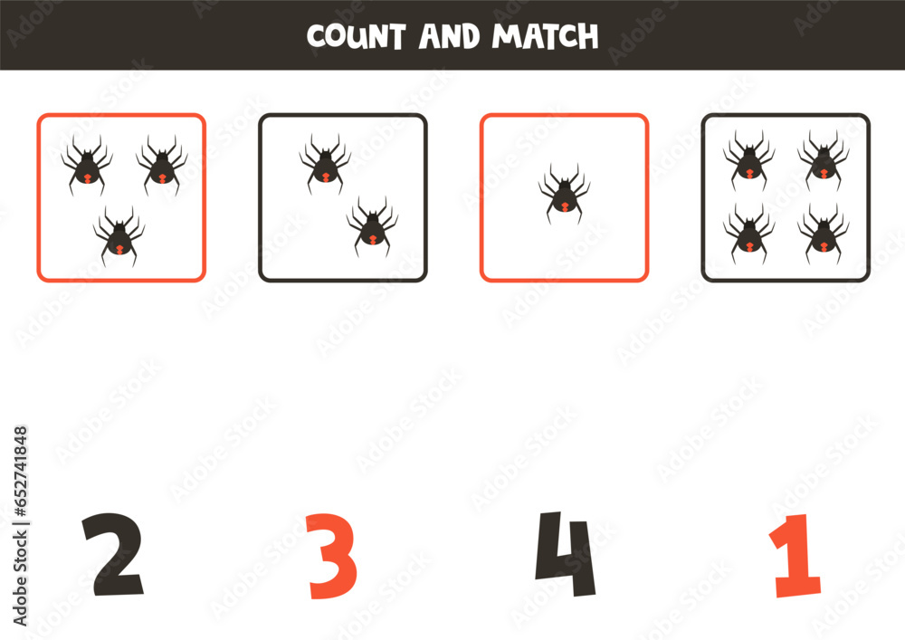 Counting game for kids. Count all red back spiders and match with ...