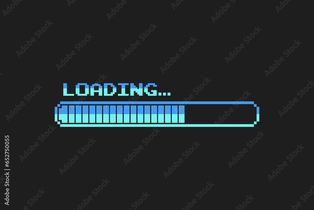Pixel 8-bit blue Loading bar on black screen. Stock Vector | Adobe Stock