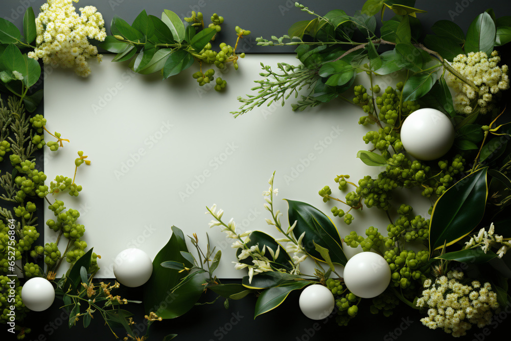 green white background with greenery and plant mock up, in the style of ...