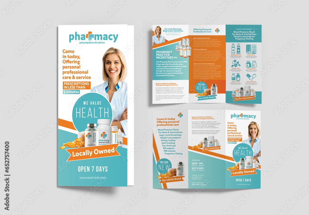 Pharmacy Medical Shop Clinic Trifold Flyer Layout for Pharmacies Stock ...