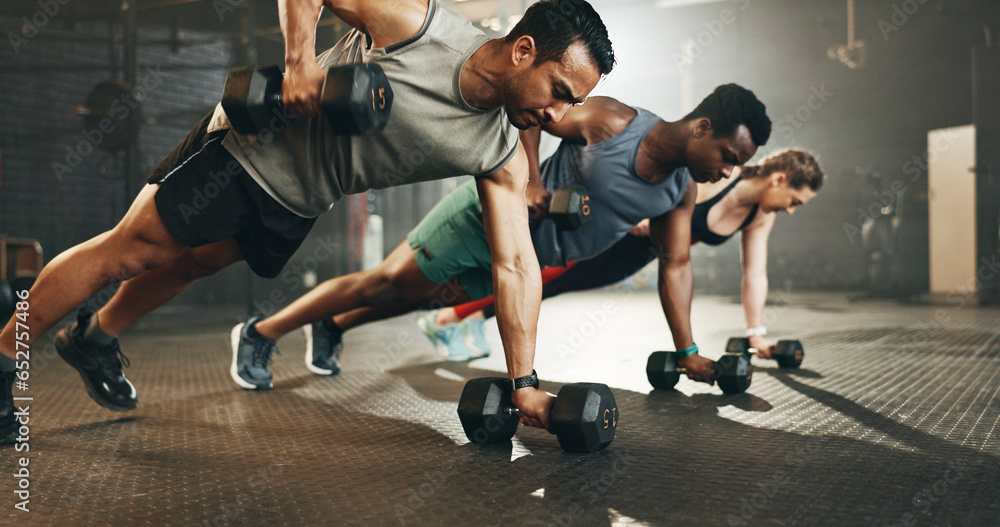 Gym, group and dumbbell rowing exercise for power, muscle and challenge ...