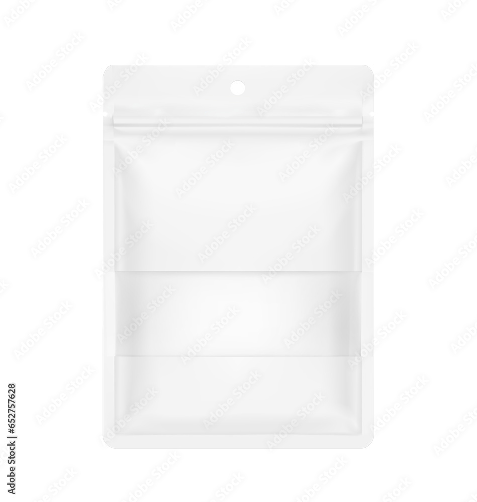 Pouch bags with transparent window mockups on white background. With ...