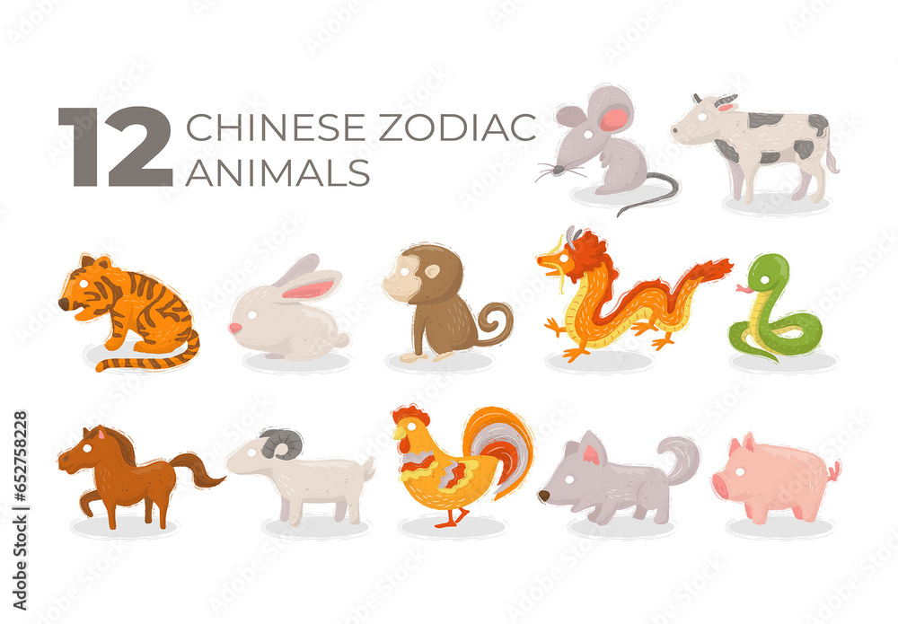 Chinese Zodiac Illustrations 12 Year Zodiac Animal Stock Template ...