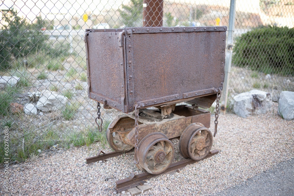 Antique railroad mine cart sits atop rail tracks in Bisbee, Arizona ...