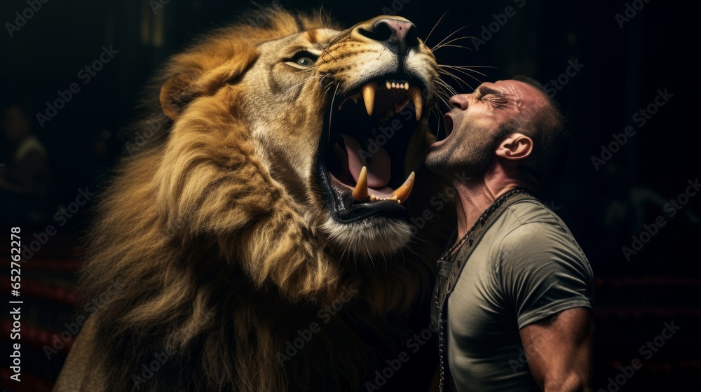 Trainer with a lion in the circus. A roaring, menacing and majestic ...