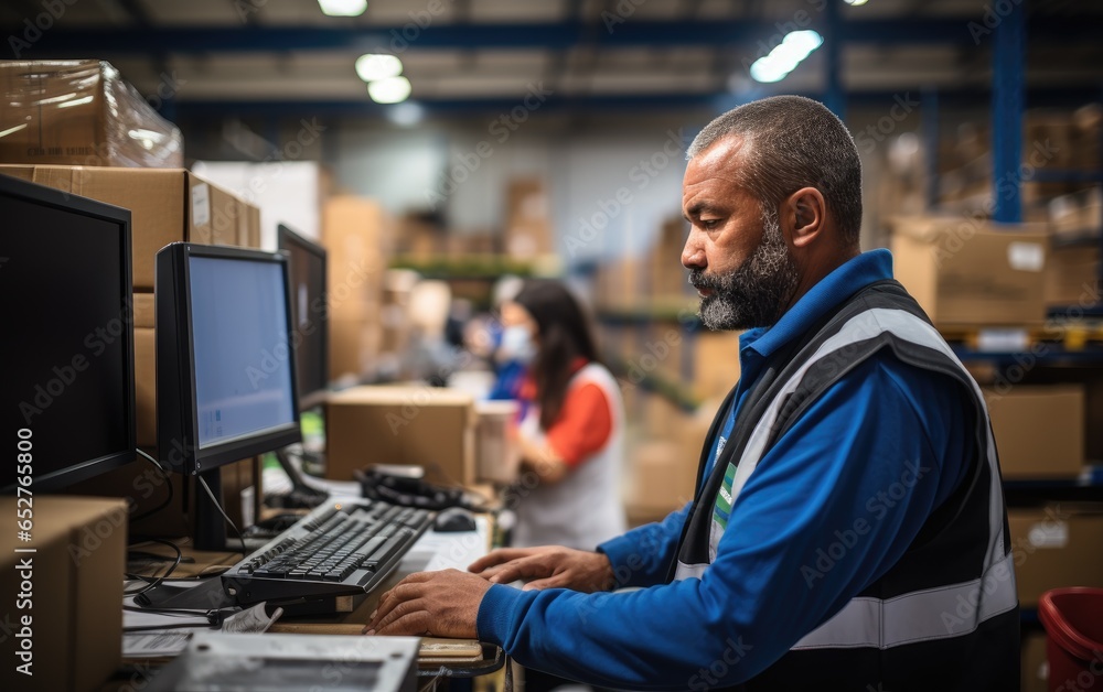 Warehouse worker wearing a vest viewing a spreadsheet on a computer ...