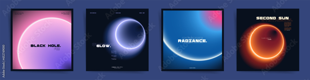 Set of Neon Gradient Rings on Dark Space Square Background. Futuristic and Brutalist Cyberpunk ...