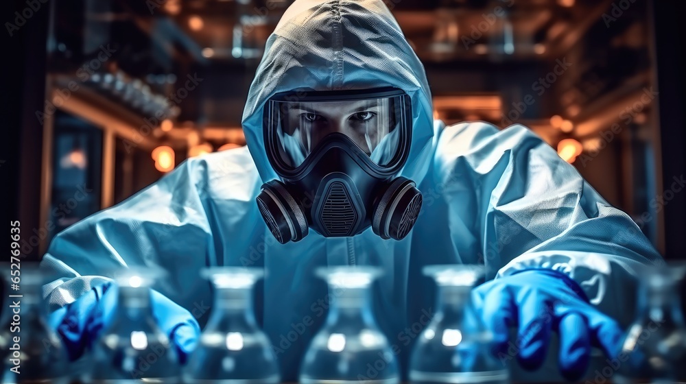 Scientist in a lab wearing mask conducting experiments inside a ...