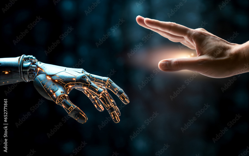 Artificial intelligence and human contact concept.Robot and human hands ...