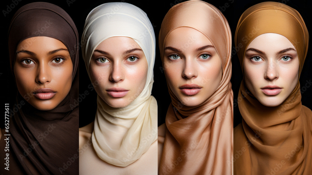 four muslim women in hijabs with different color skin and perfect skin ...